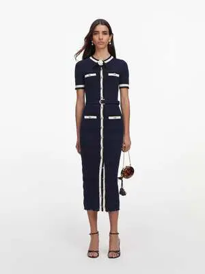 SELF-PORTRAIT Knit Dress With Floral Corsage Brooch - Blu