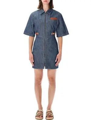 Fendi Short Sleeve Denim Shirt With Oversized Patch - Blu