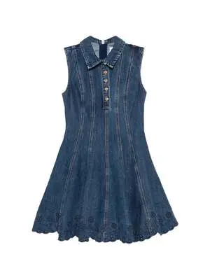 SELF-PORTRAIT Denim Dress With Scalloped Hem - Blu