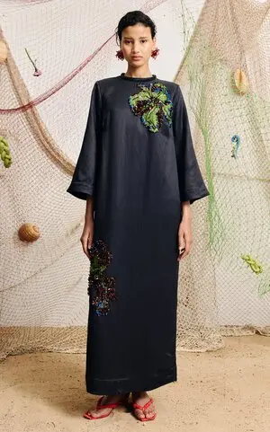 ALEMAIS Martina Beaded Linen-blend Maxi Dress - Navy