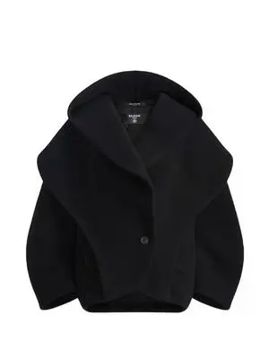 Balmain Oversized Wool Pea Coat With Hood - Black