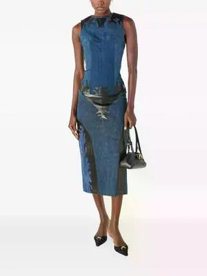 MARINE SERRE Leather-patch Denim Midi Dress - Blue