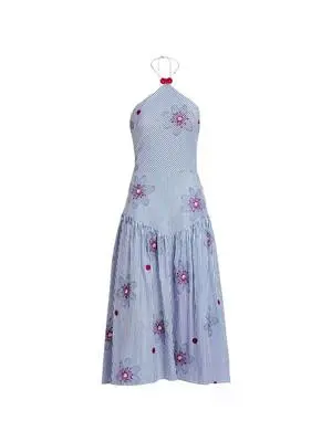 Silvia Tcherassi Floral Embroidered Striped Midi Dress - Blue
