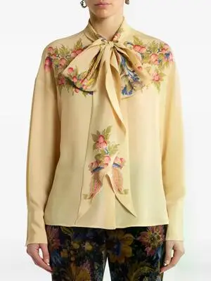 Etro Pure Silk Crepe De Chine Shirt With Placed Floral Print And Scarf Detail