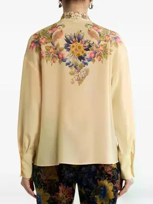 Etro Pure Silk Crepe De Chine Shirt With Placed Floral Print And Scarf Detail