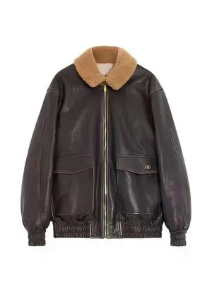 Valentino Garavani Shearling Collar Leather Bomber Jacket - Brown