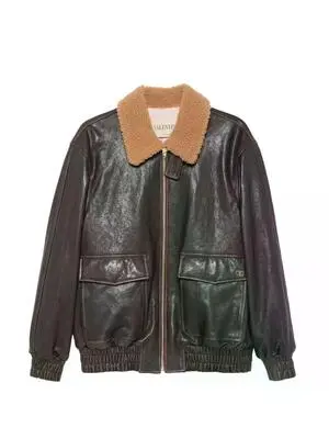 Valentino Garavani Shearling Collar Leather Bomber Jacket - Brown