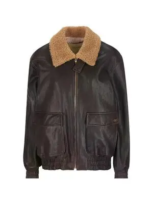 Valentino Garavani Shearling Collar Leather Bomber Jacket - Brown