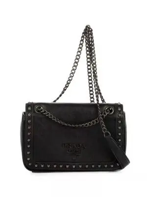 Prada Studded Flap Cross Body Bag - Black