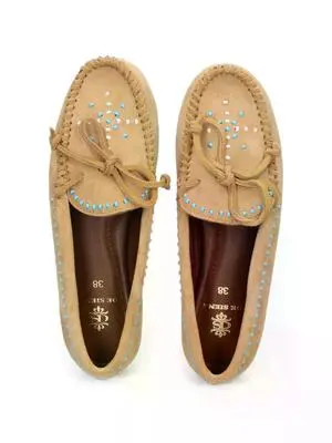 DE SIENA Ochre Suede Bead-embellished Leather Loafers