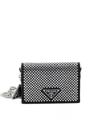 Prada Flap Card Holder With Chain Satin With Crystals Crossbody Bag - Black