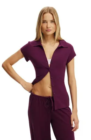Cotton:on Dreamy Soft Button Up Fitted Polo - Blackcurrant