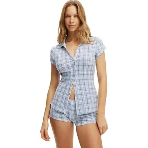 Cotton:on Dreamy Soft Button Up Fitted Polo Isla Micro Check Daydream
