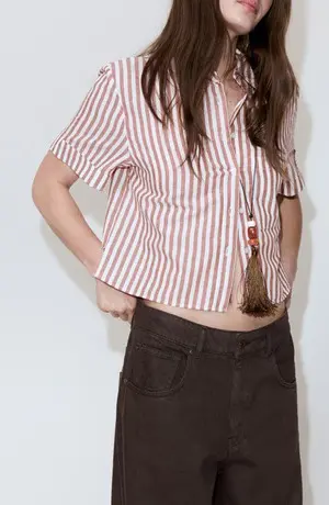 Mango Stripe Short Sleeve Cotton & Linen Button-up Shirt - Maroon
