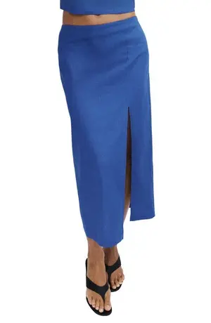 Mango Stretch Linen & Cotton Blend Midi Skirt With Side Slit - Blue