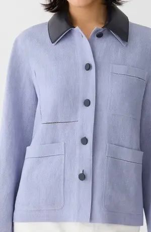 Lafayette 148 New York Linen Blend Canvas Jacket With Detachable Leather Collar