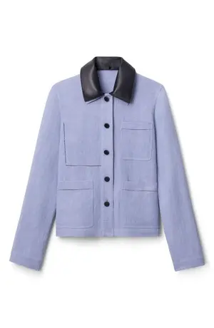 Lafayette 148 New York Linen Blend Canvas Jacket With Detachable Leather Collar