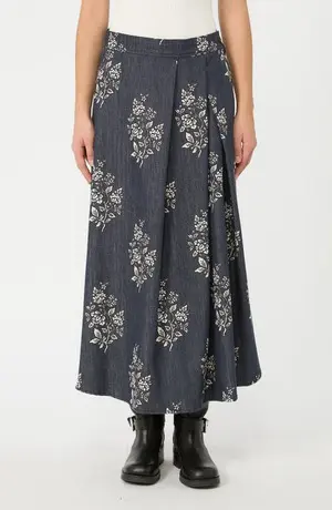 Max Mara Floral Denim Midi Skirt - Navy
