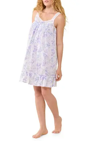 Eileen West Floral Sleeveless Cotton Chemise With Lace Trim