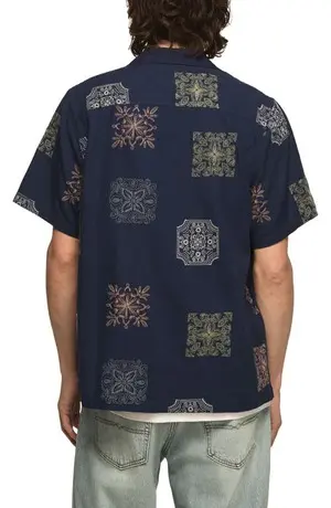 Lucky Brand Embridered Tile Pattern Cotton Camp Shirt