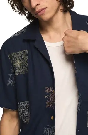 Lucky Brand Embridered Tile Pattern Cotton Camp Shirt