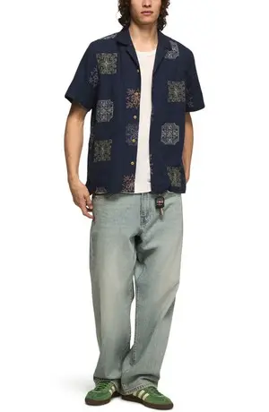 Lucky Brand Embridered Tile Pattern Cotton Camp Shirt