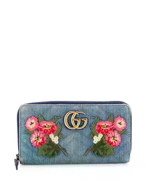 Gucci Gg Marmont Zip Around Wallet Embroidered Matelasse Denim Small Wallets - Blue
