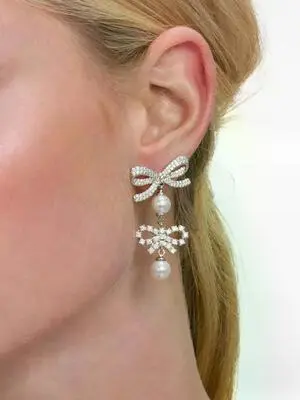 SELF-PORTRAIT Double-bow Pearl Drop Earrings - Silver