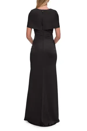 La Femme Draped Bodice Jersey Gown With Short Sleeves - Black