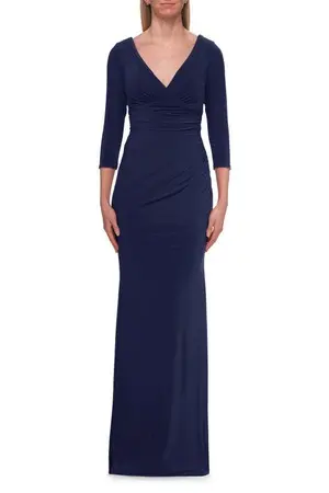 La Femme V-neck Ruched Gown With Three-quarter Sleeves - Navy