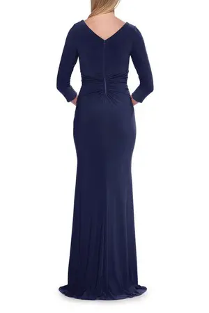 La Femme V-neck Ruched Gown With Three-quarter Sleeves - Navy