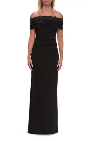 La Femme Off-the-shoulder Lace Trim Evening Gown - Black