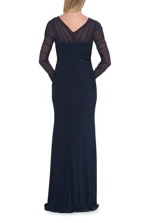 La Femme Long Sleeve Sheer Net Jersey Gown With Ruching