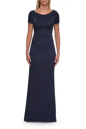 La Femme Embellished Shoulder Gown - Navy