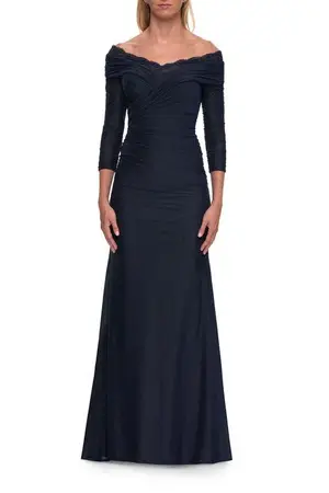 La Femme Off-the-shoulder Three-quarter Sleeve Gown