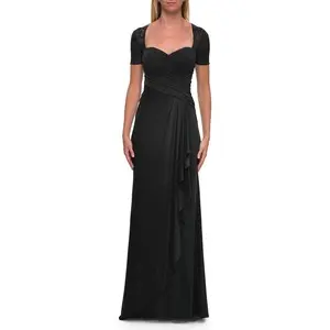 La Femme Ruched Lace Bodice Gown With Draped Skirt - Black