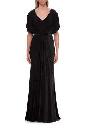 La Femme Flutter Sleeve Beaded Waist Gown - Black