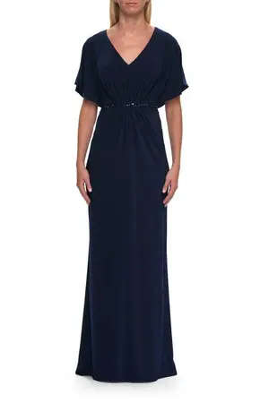La Femme Flutter Sleeve Jersey Gown With Beaded Waist - Navy