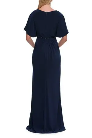 La Femme Flutter Sleeve Beaded Waist Gown - Navy