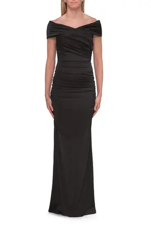 La Femme Off-the-shoulder Ruched Satin Gown - Black