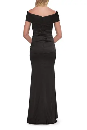 La Femme Off-the-shoulder Ruched Satin Gown - Black