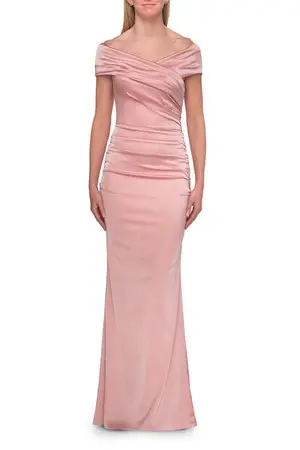 La Femme Off-the-shoulder Ruched Satin Gown - Blush