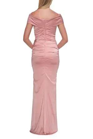 La Femme Off-the-shoulder Ruched Satin Gown - Blush