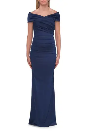 La Femme Off-the-shoulder Ruched Satin Evening Gown - Navy