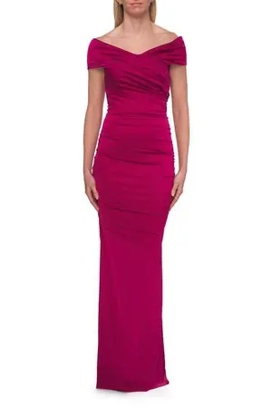 La Femme Off-the-shoulder Ruched Satin Evening Gown - Raspberry