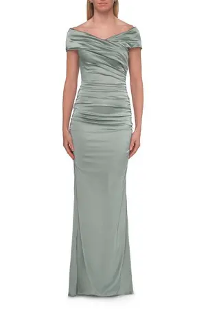 La Femme Off-the-shoulder Ruched Satin Evening Gown - Sage