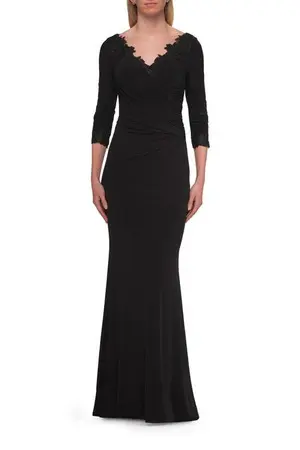 La Femme V-neck Lace Trim Gown With Three-quarter Sleeves - Black