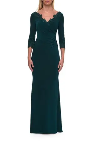 La Femme V-neck Lace Trim Gown With Three-quarter Sleeves - Emerald