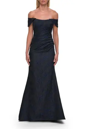 La Femme Off-the-shoulder Jacquard Evening Gown