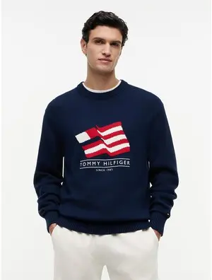 Tommy Hilfiger Relaxed Wavy Flag Logo Crewneck Sweater - Light Navy